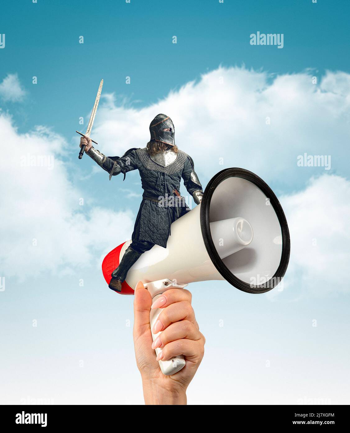 Contemporary art collage with medieval knight, warrior flying on ...