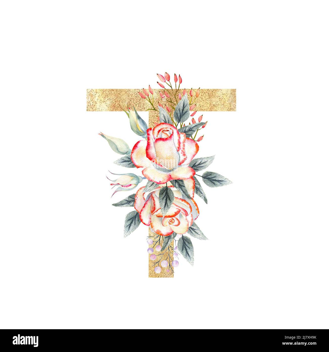 Golden letter T of the English alphabet with a bouquet of pink roses on ...