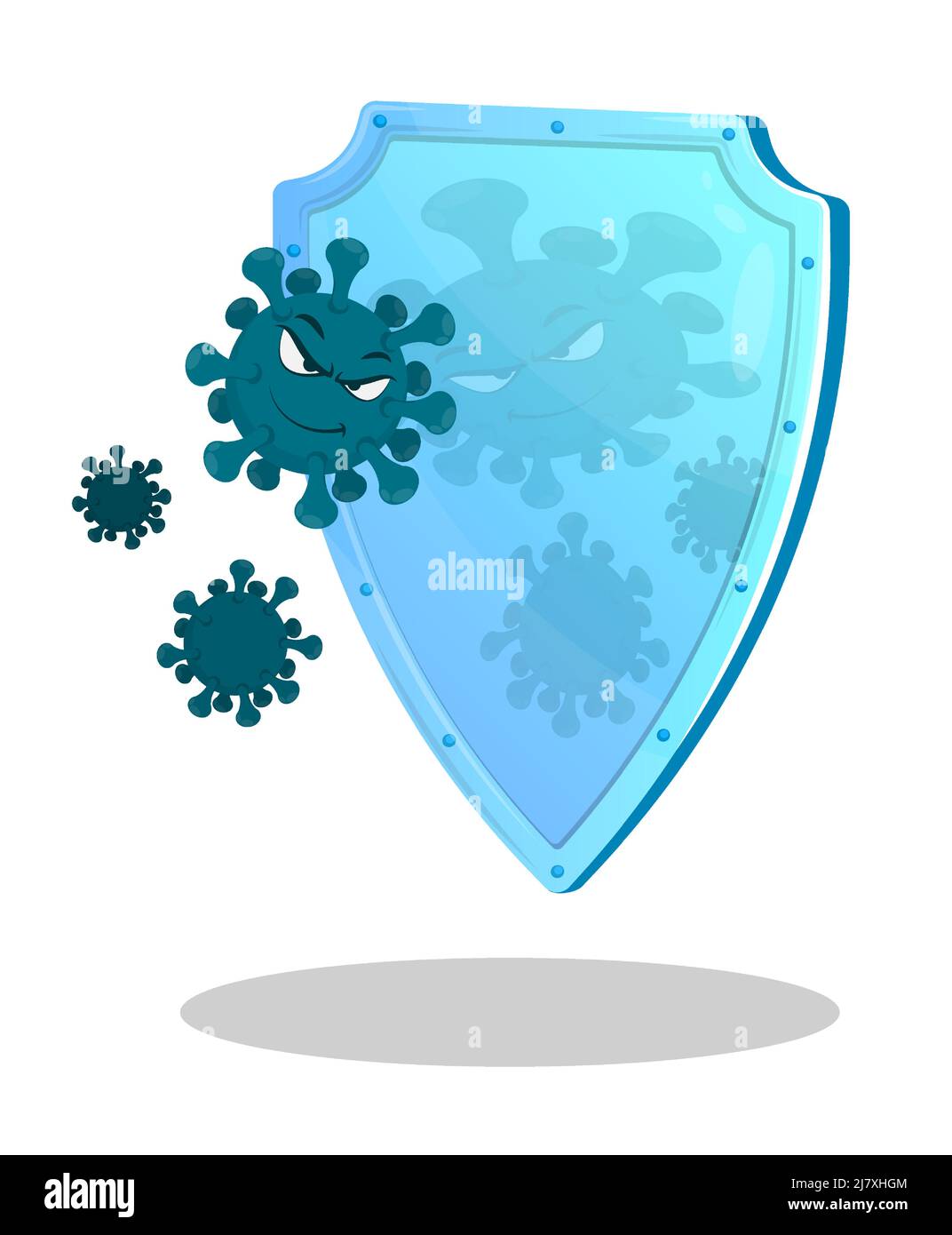 Cartoon viruses are trying to break through defense. Shield, barrier ...