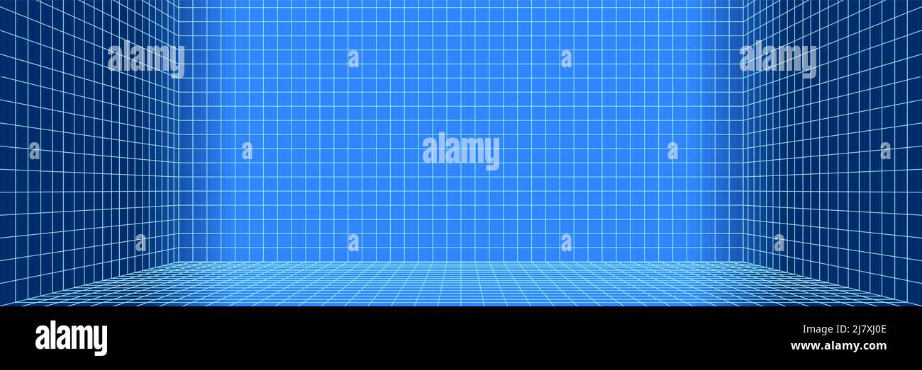 3D digital one point perspective grid room. White mesh on blue ...