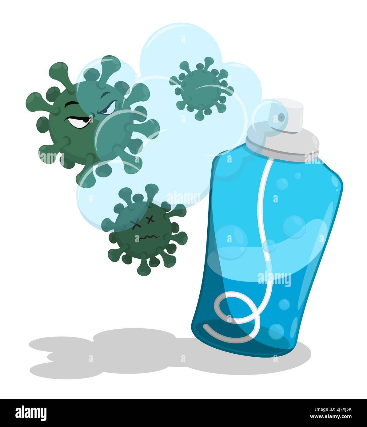 Cartoon evil viruses die in clouds of disinfectant. Treatment of ...