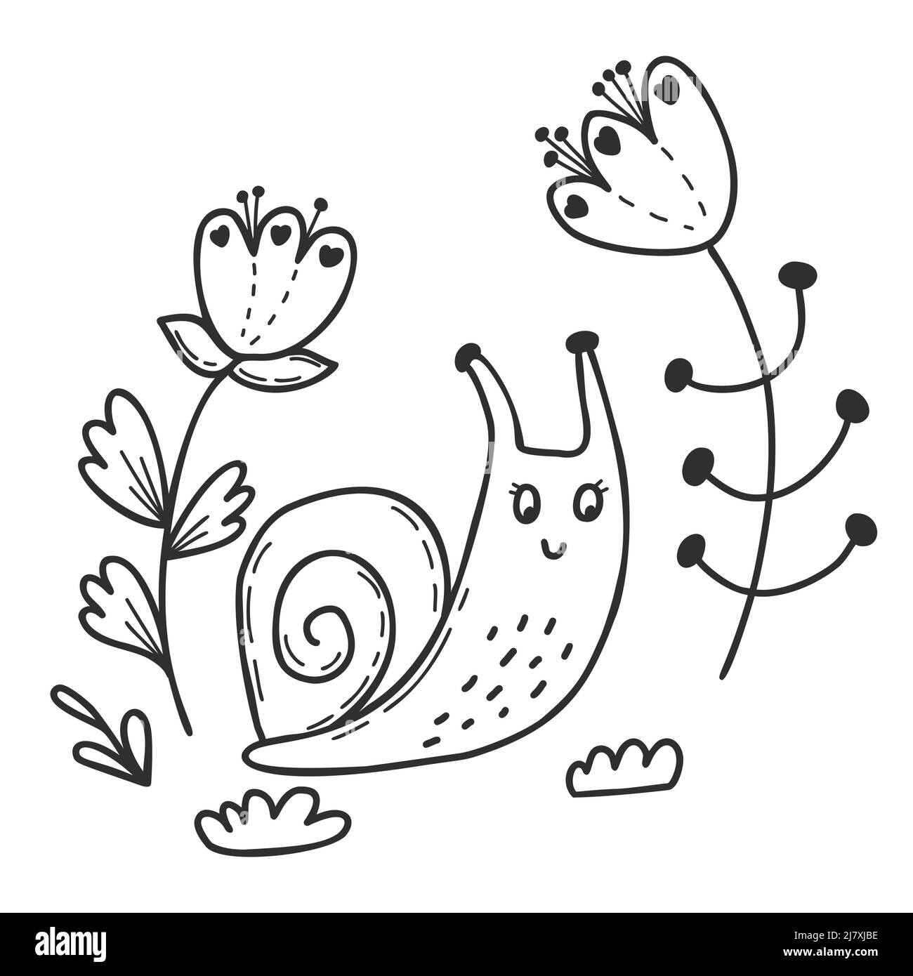 Cute garden snail with decorative flowers and grass. Linear hand drawn ...
