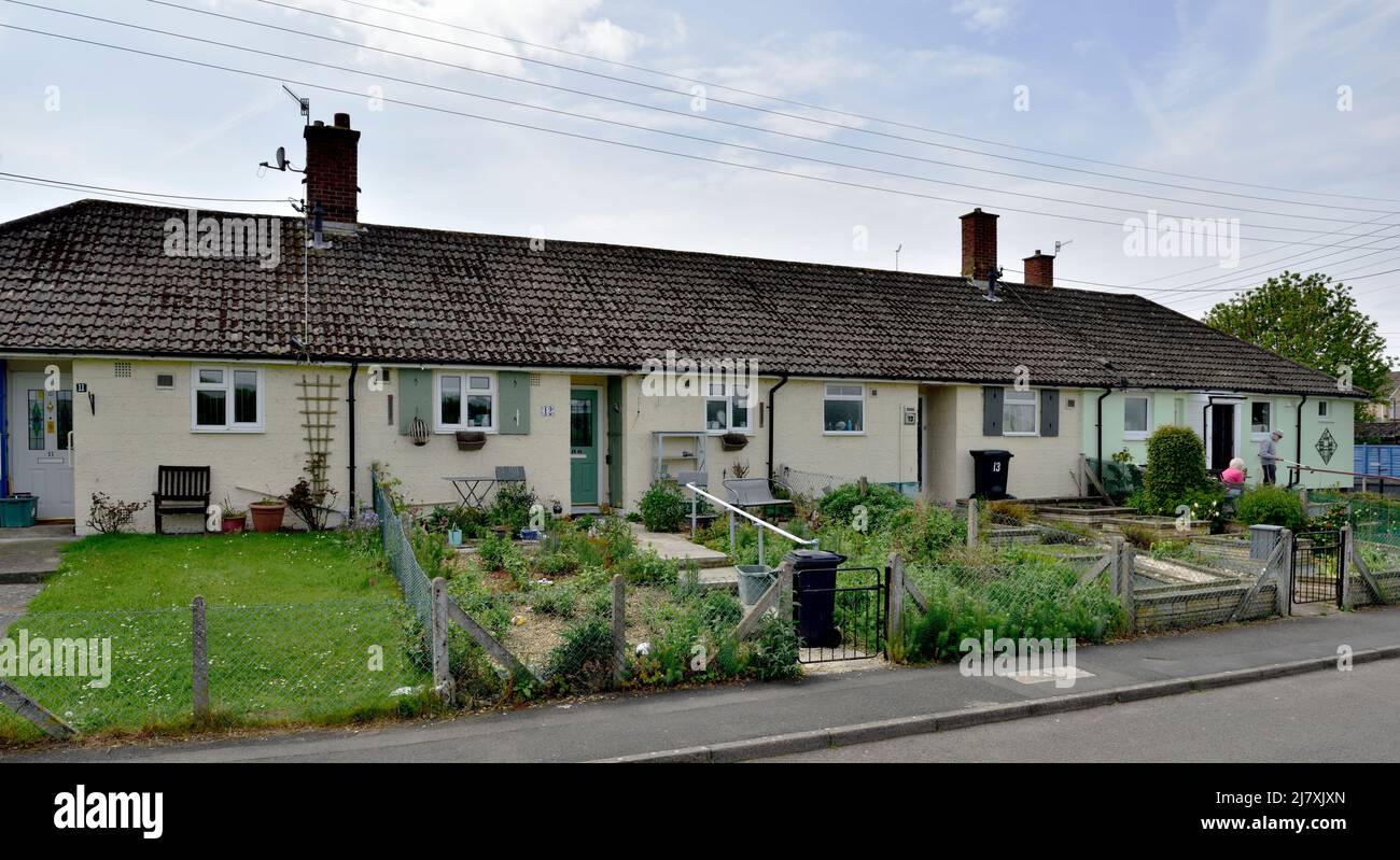 Row of terraced bungalows with front gardens, village of Pill, North ...