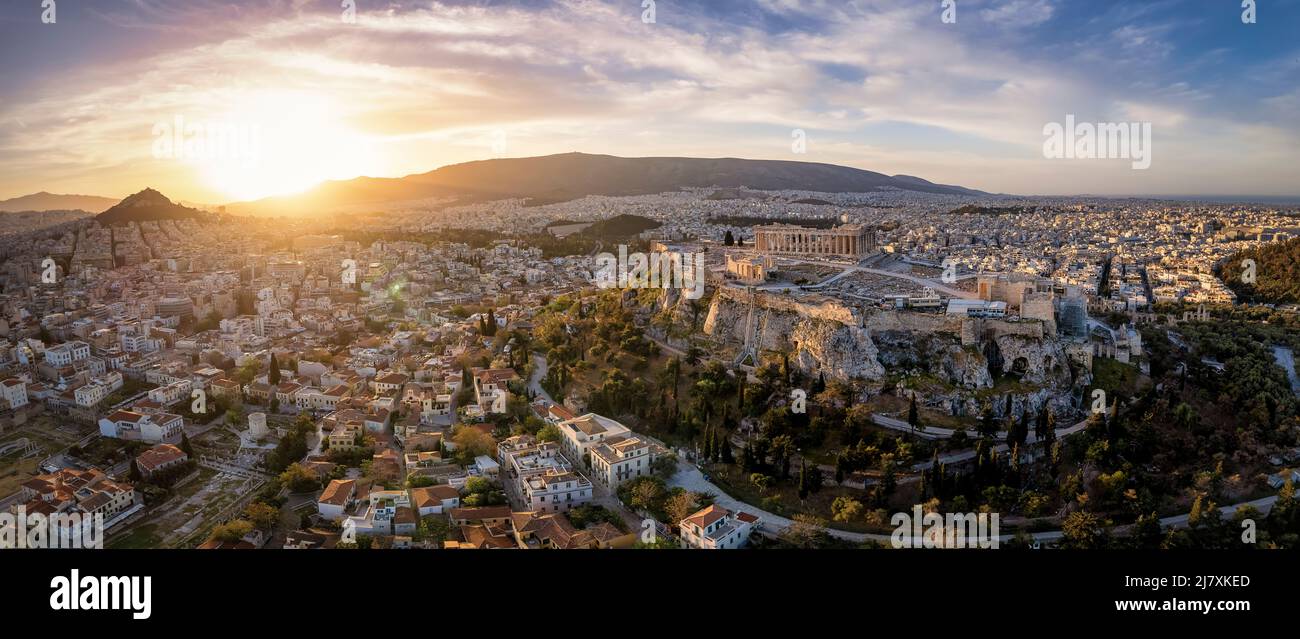 Panoramic sunrise view of the skyline of Athens with Acropolis Temple ...