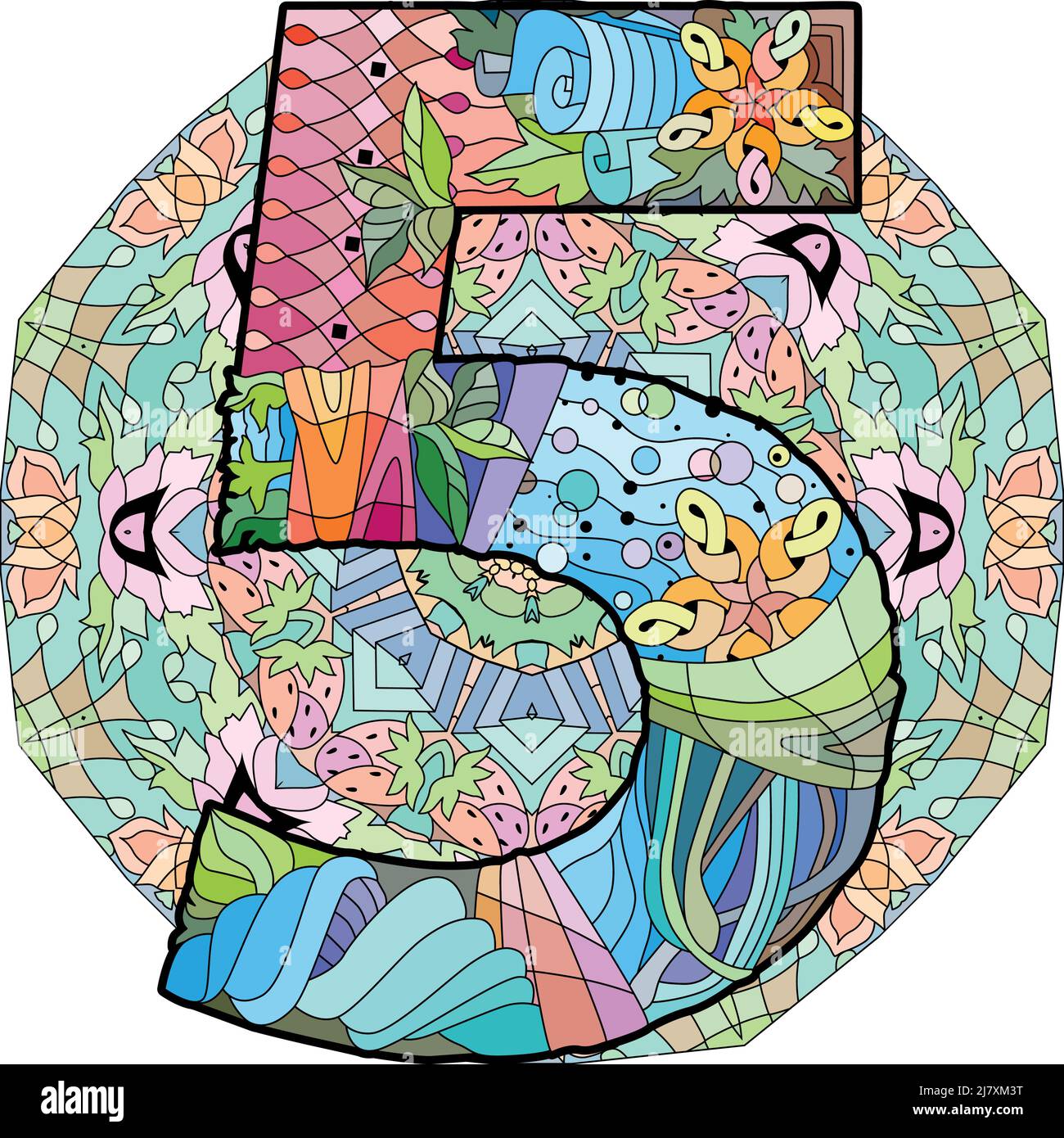Five number on mandala Isolated zentangle illustration for decoration ...