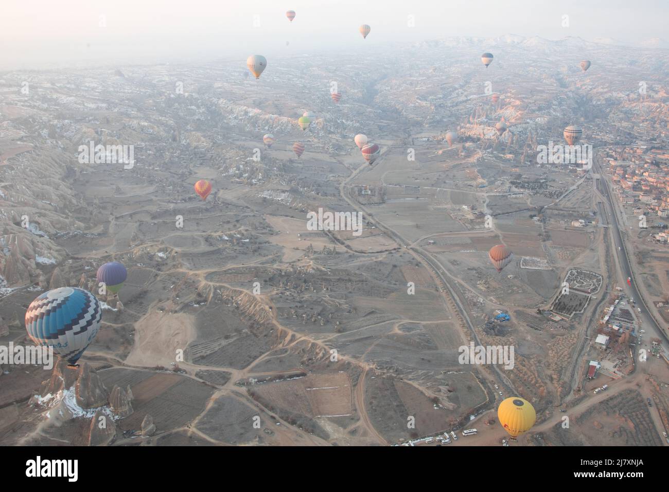 Landscape of Cappadocia valley with hot air balloons. Top view Stock ...