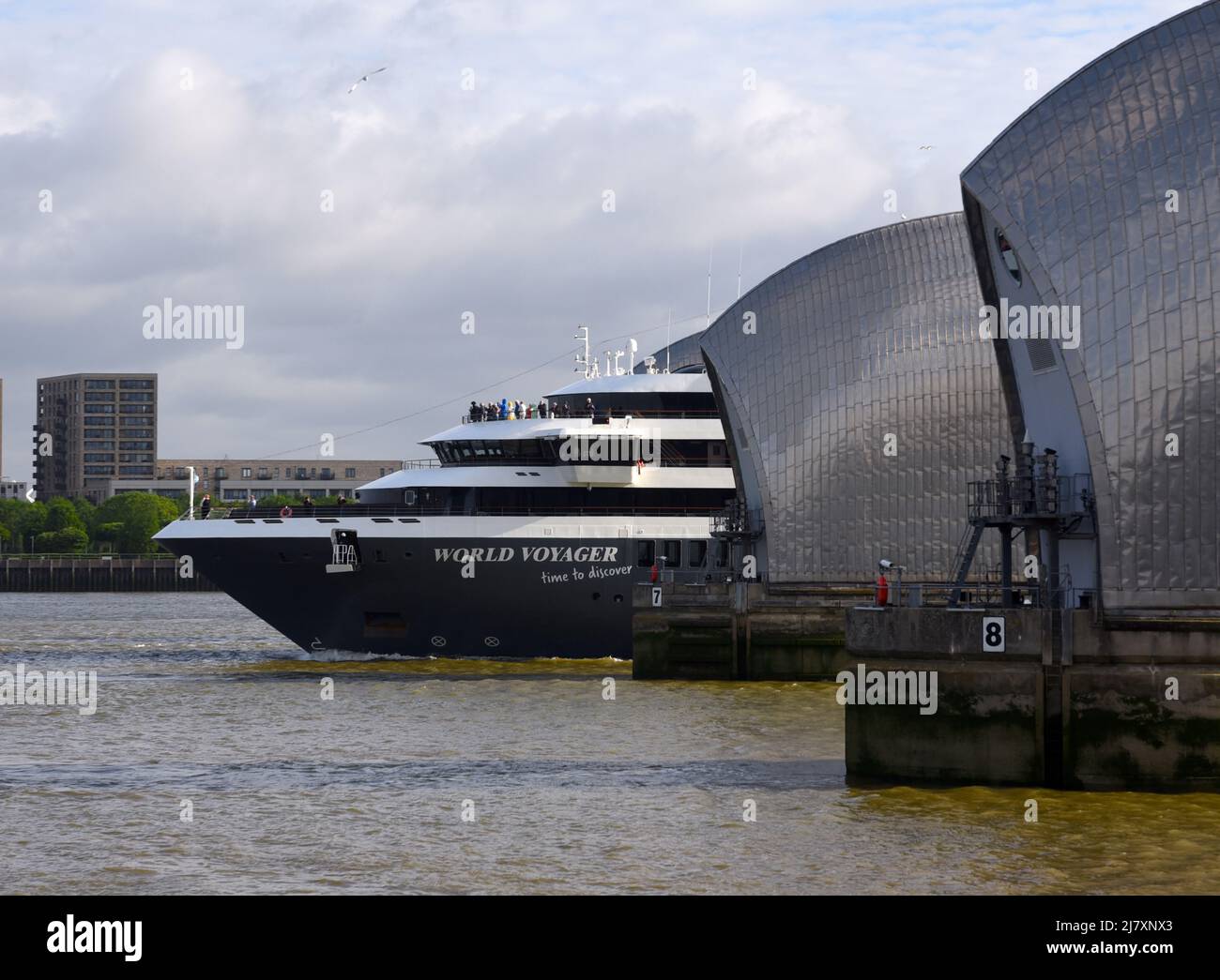 11/05/2022 Thames Barrier UK Cruise ship World Voyager sails through ...