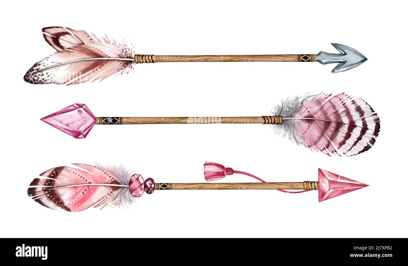 Watercolor poster with three pink arrows. Banner with boho vibrant ...
