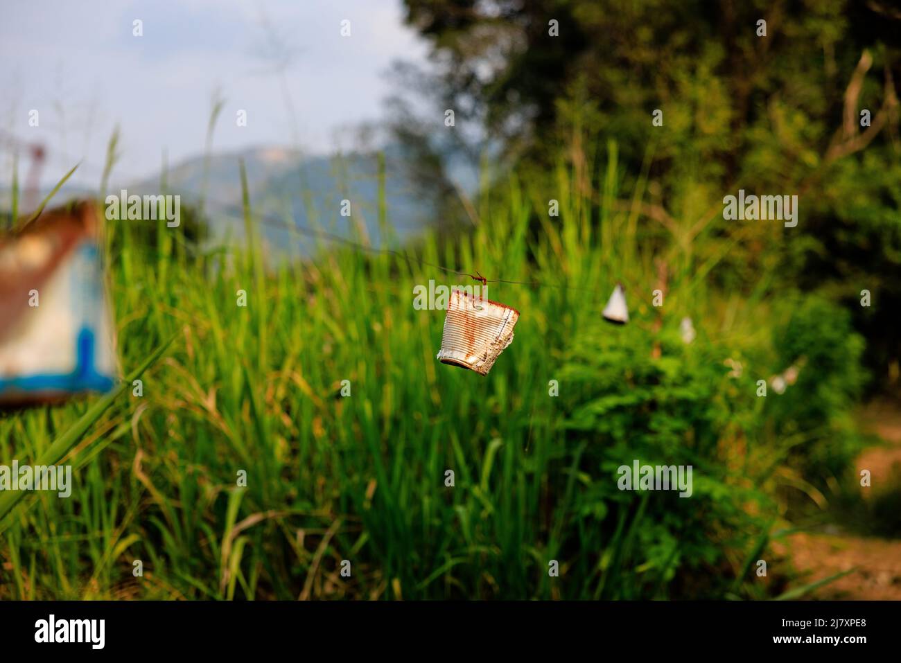 a row of tin cans strung from a wire on the edge of a field will rattle ...