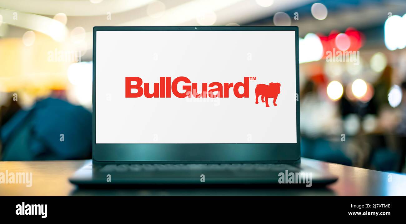 POZNAN, POL - APR 7, 2022: Laptop computer displaying logo of BullGuard ...