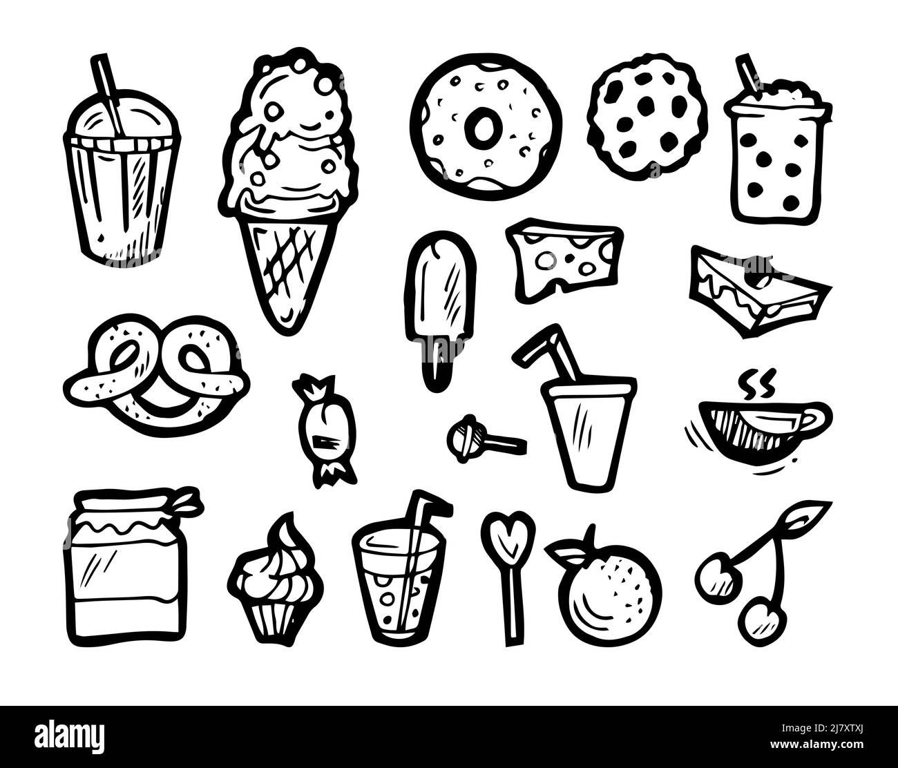 Set of food. Baking buns and meat dishes. Hand drawing outline ...