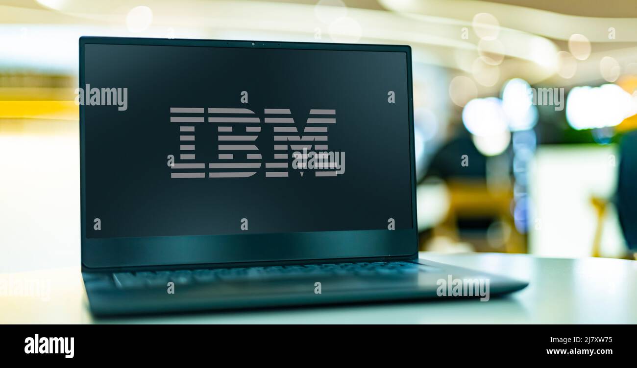 POZNAN, POL - APR 7, 2022: Laptop computer displaying logo of IBM, an ...