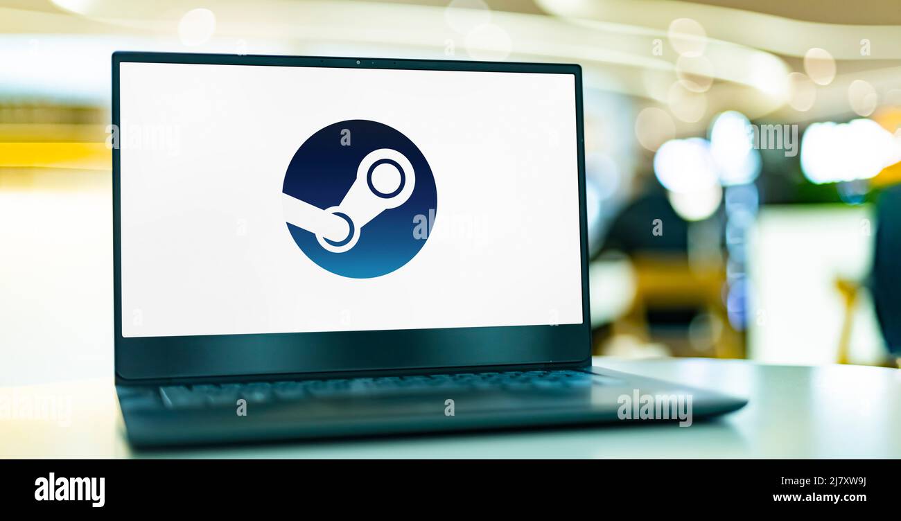 POZNAN, POL - APR 7, 2022: Laptop computer displaying logo of Steam, a ...