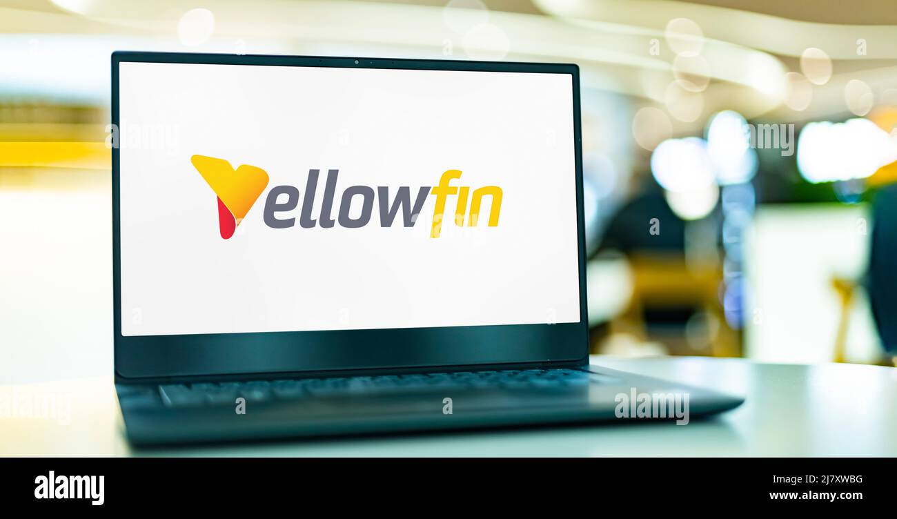 POZNAN, POL - APR 7, 2022: Laptop computer displaying logo of Yellowfin ...