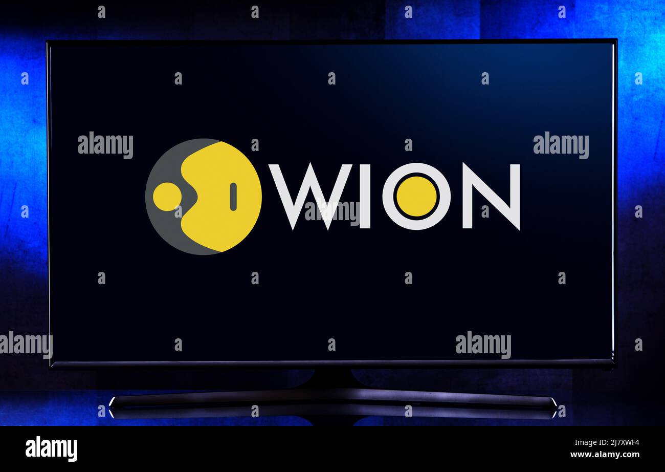 POZNAN, POL - FEB 05, 2022: Flat-screen TV set displaying logo of WION ...
