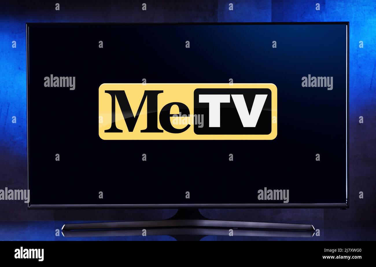 POZNAN, POL - MAR 25, 2022: Flat-screen TV set displaying logo of MeTV ...