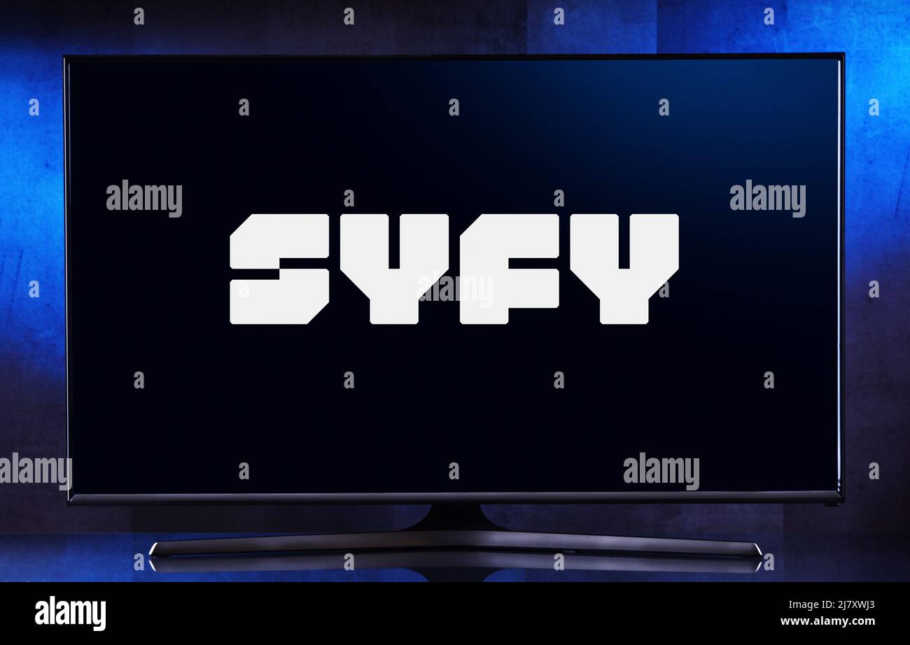 POZNAN, POL - MAR 25, 2022: Flat-screen TV set displaying logo of Syfy ...