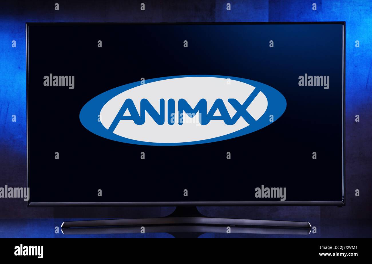 POZNAN, POL - MAR 25, 2022: Flat-screen TV set displaying logo of ...