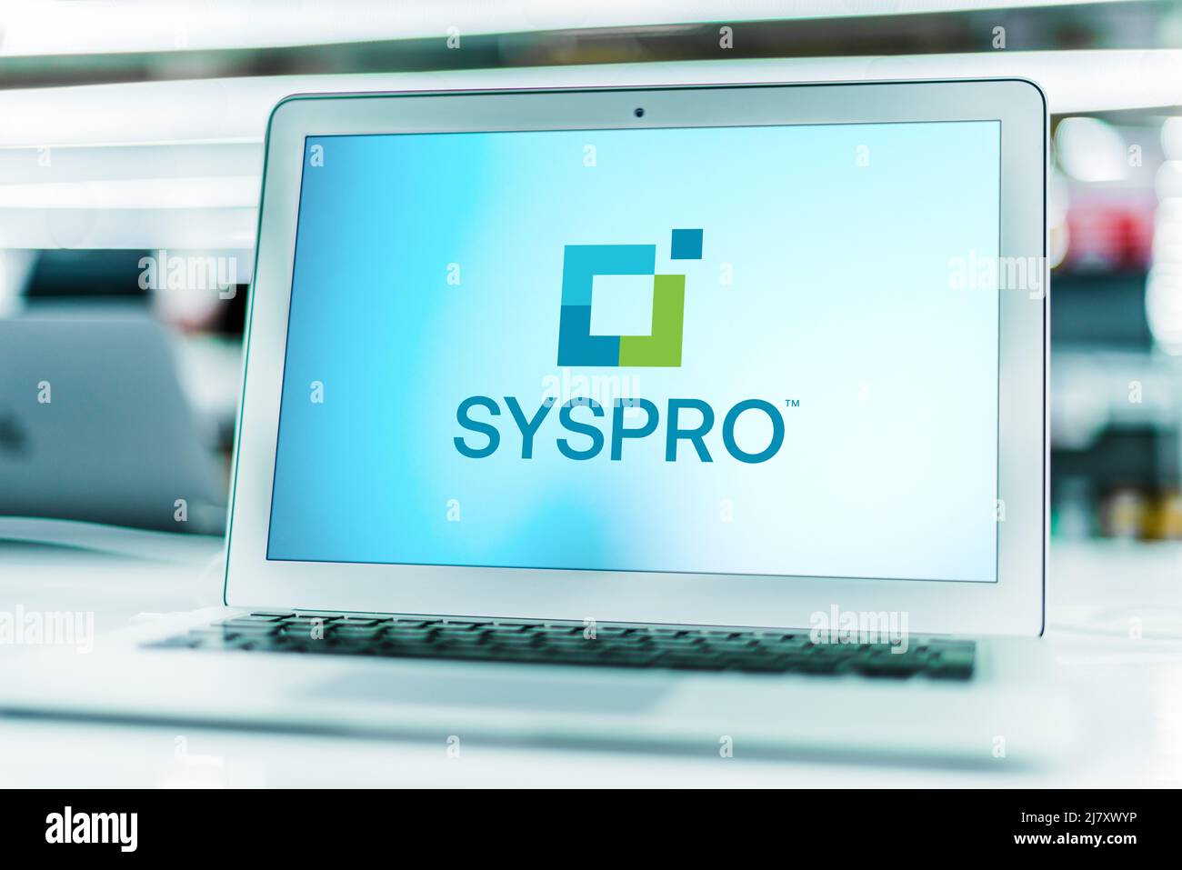 POZNAN, POL - DEC 8, 2021: Laptop computer displaying logo of Syspro, a ...
