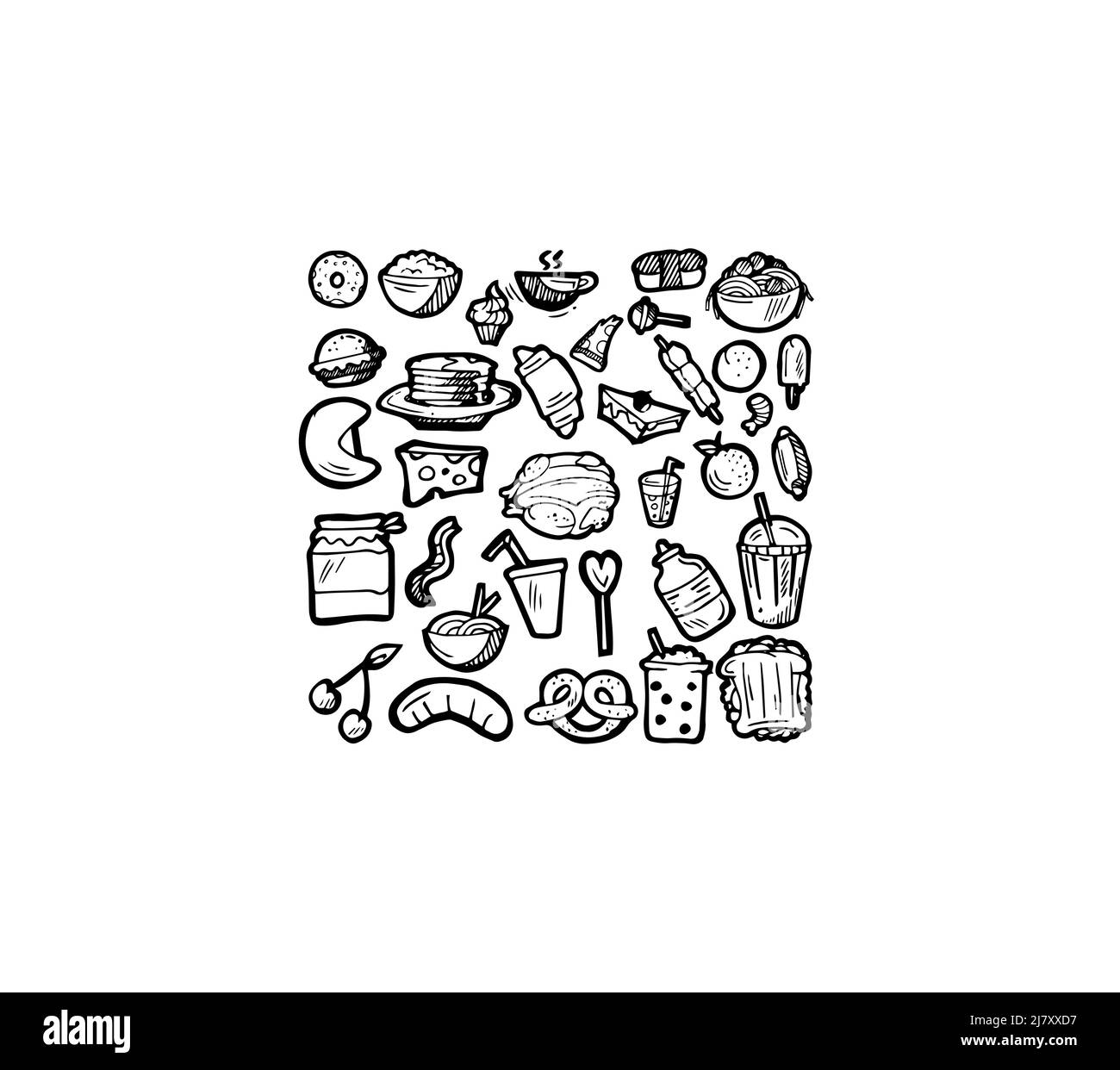 Set of food. Baking buns and meat dishes. Hand drawing outline ...