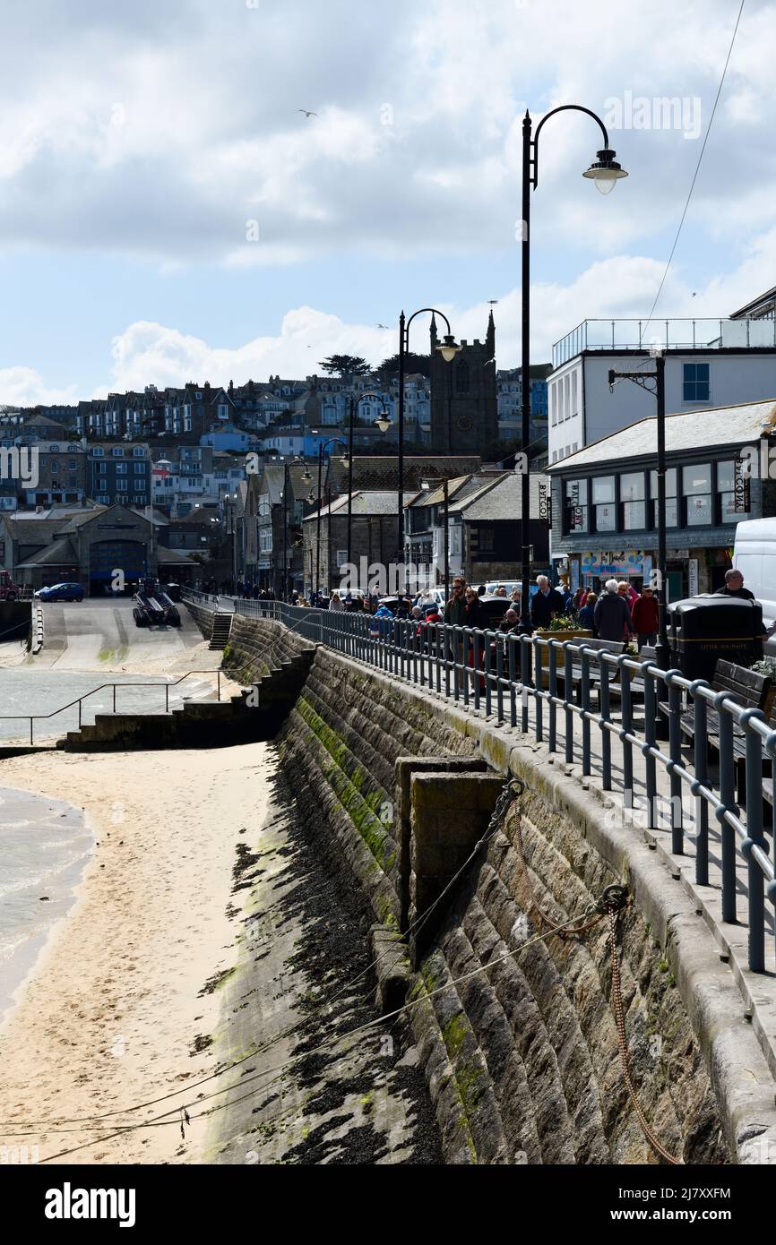 Sea Wall with Lifeboat Station in the background St Ives Cornwall ...