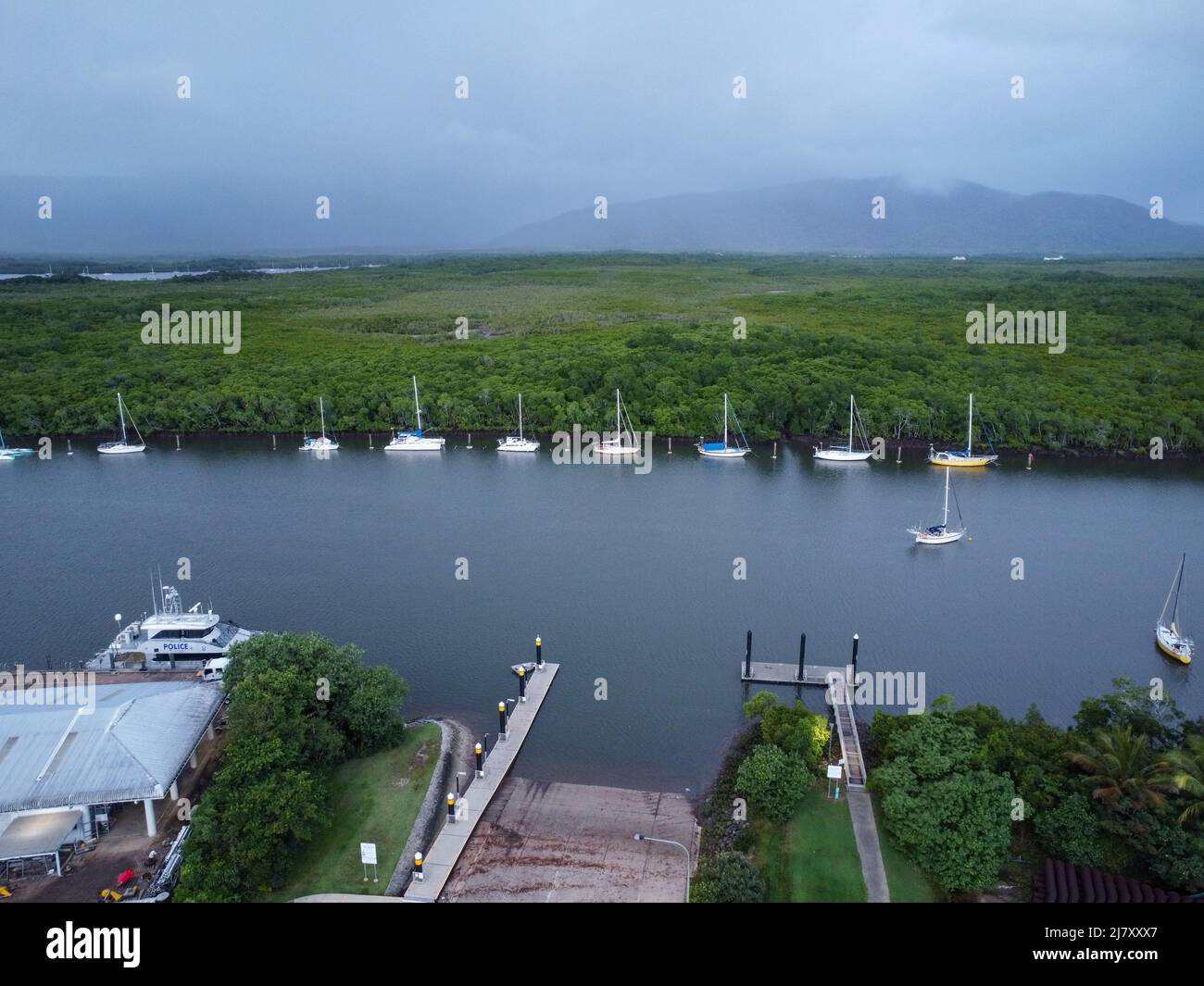 Aerial view of boat ramp and marina at dusk Stock Photo - Alamy
