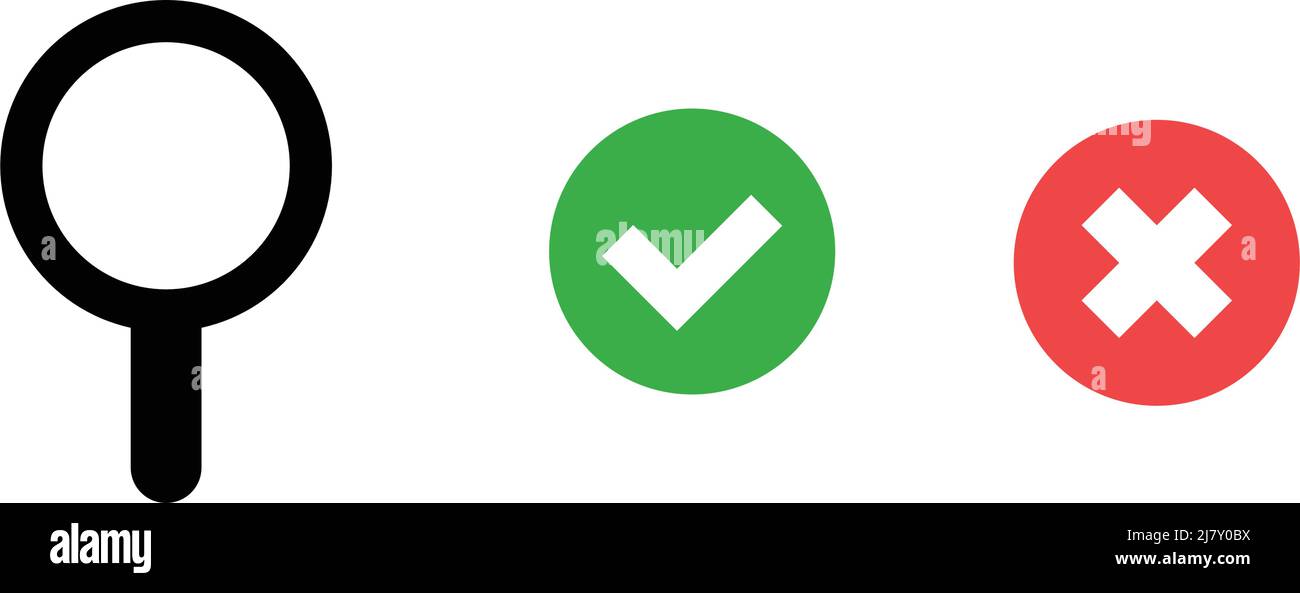 Magnifying glass, check mark and cross mark icon set. Editable vector ...