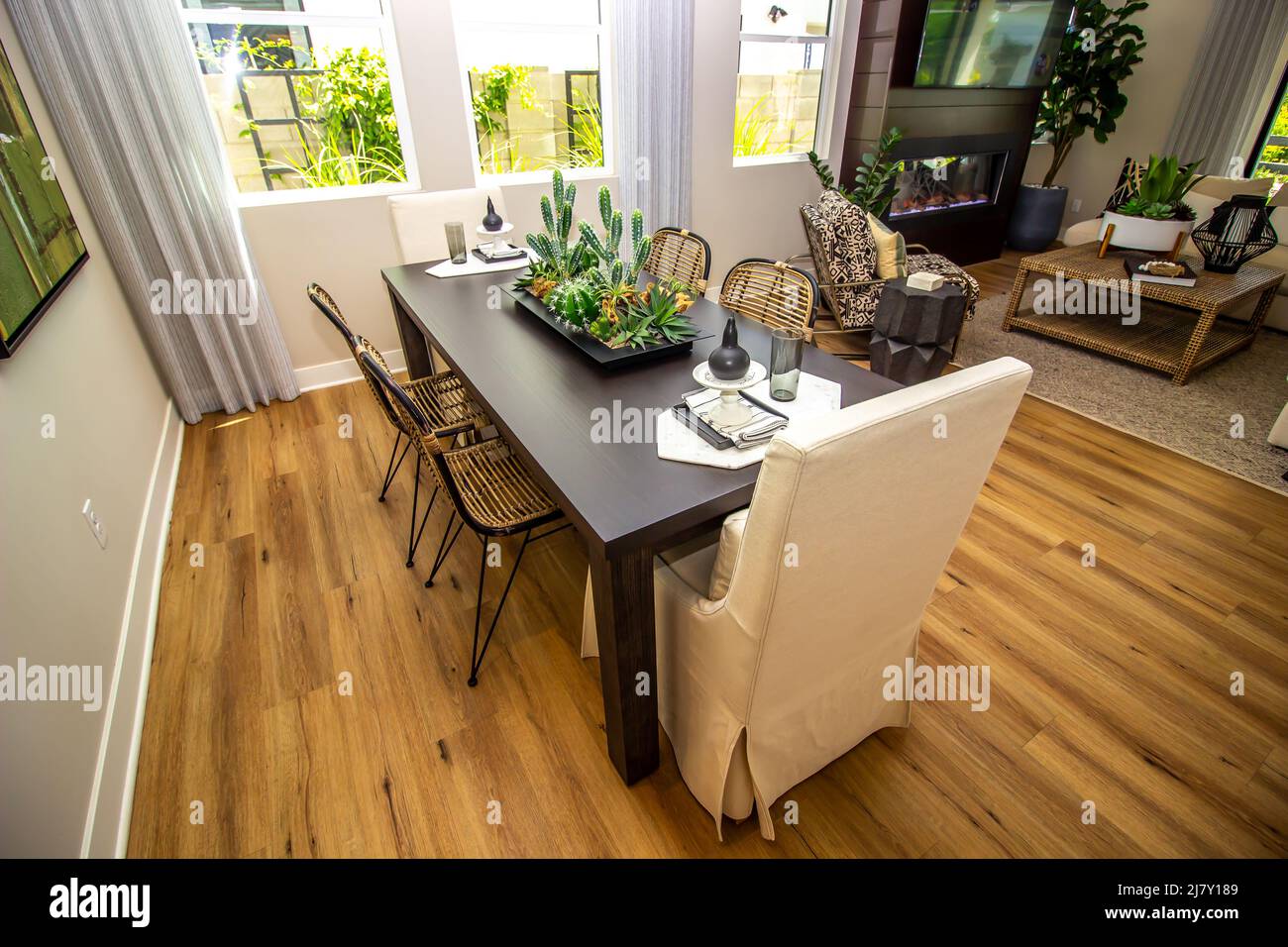 Oblong Wooden Dining Area Table With Cactus Centerpiece Stock Photo - Alamy