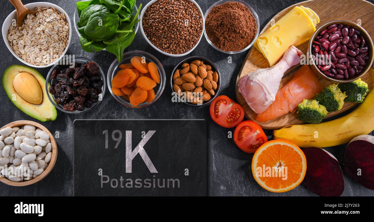 Composition with food products rich in potassium Stock Photo - Alamy
