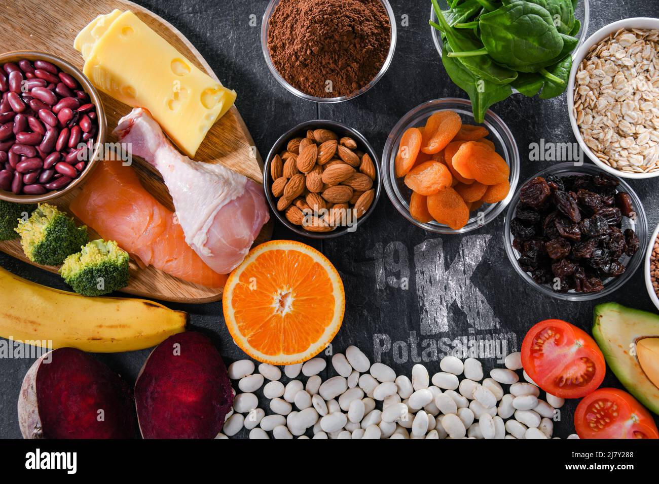 Composition with food products rich in potassium Stock Photo - Alamy