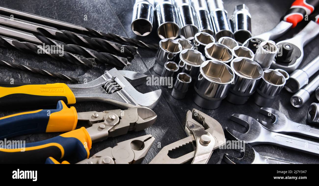 Composition with a variety of metal tools Stock Photo - Alamy