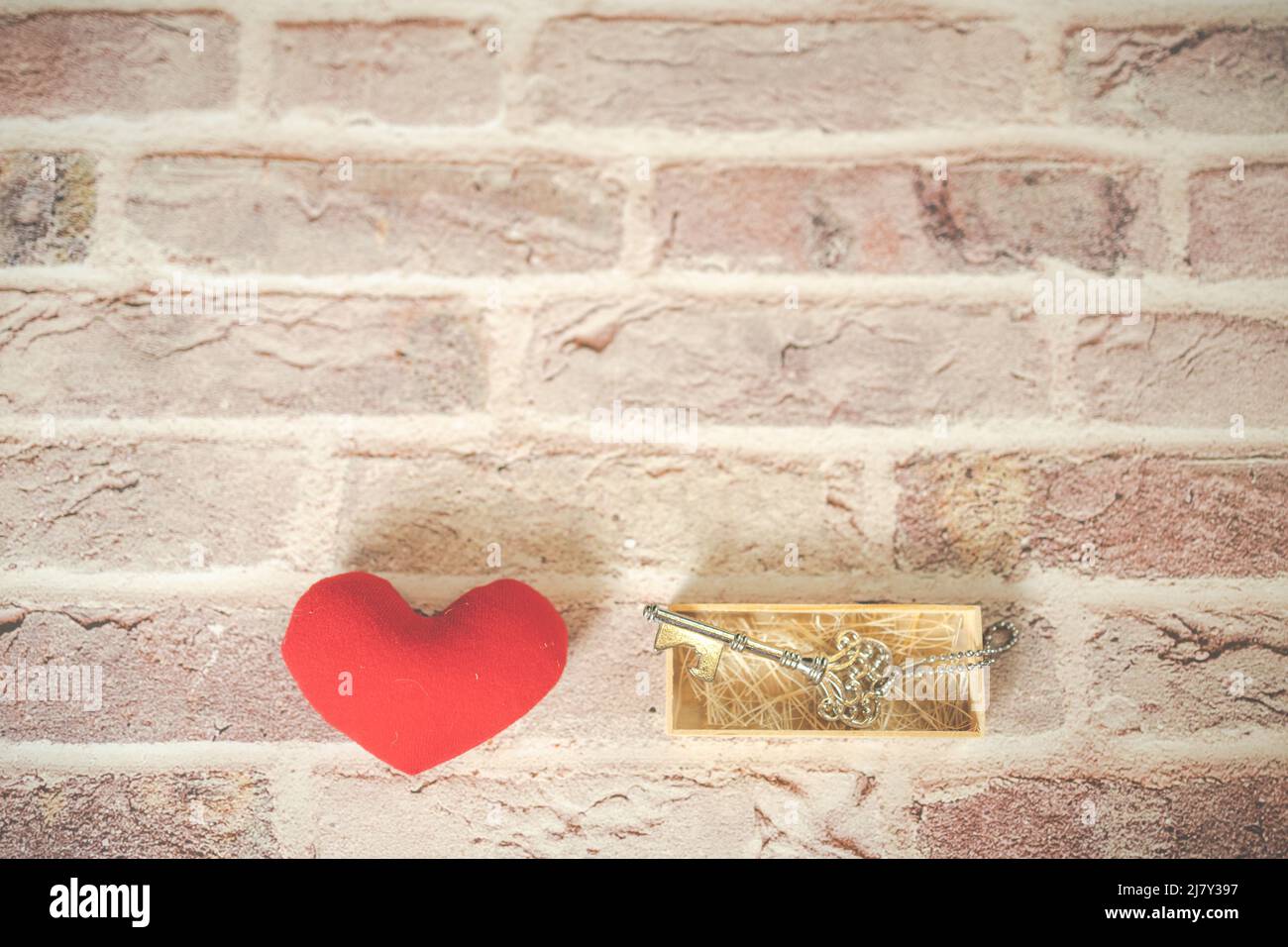 Bronze house key and red country fabric heart old wood, Valentines Day ...