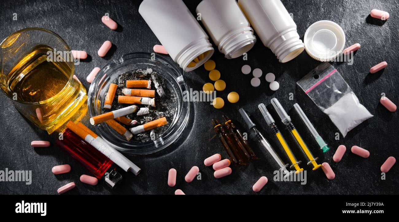 Addictive substances, including alcohol, cigarettes and drugs Stock ...