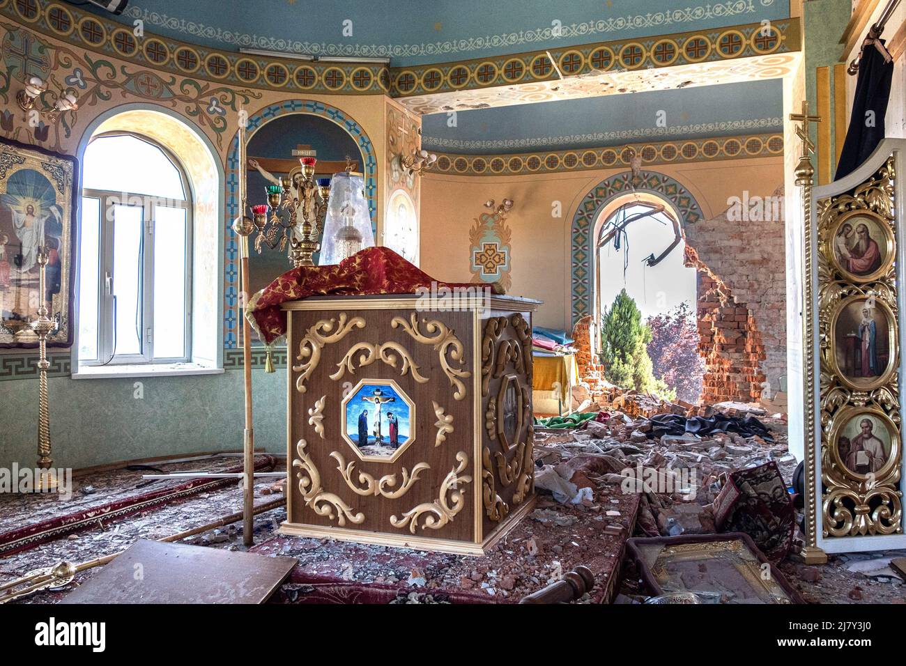 The interior of a destroyed church, Church of Saint Oleksandr ...