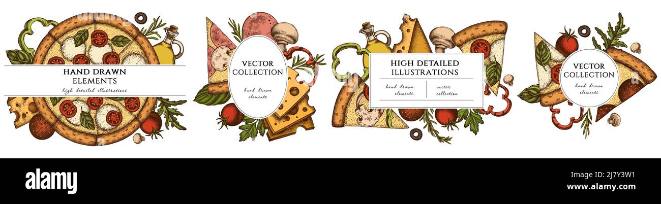 Pizza hand drawn frame templates. Vintage illustrations of greek ...