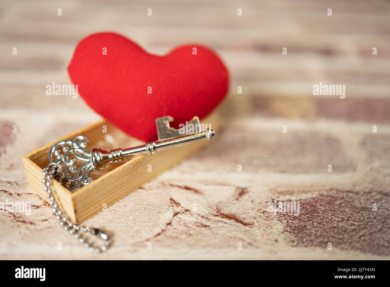 Bronze house key and red country fabric heart old wood, Valentines Day ...