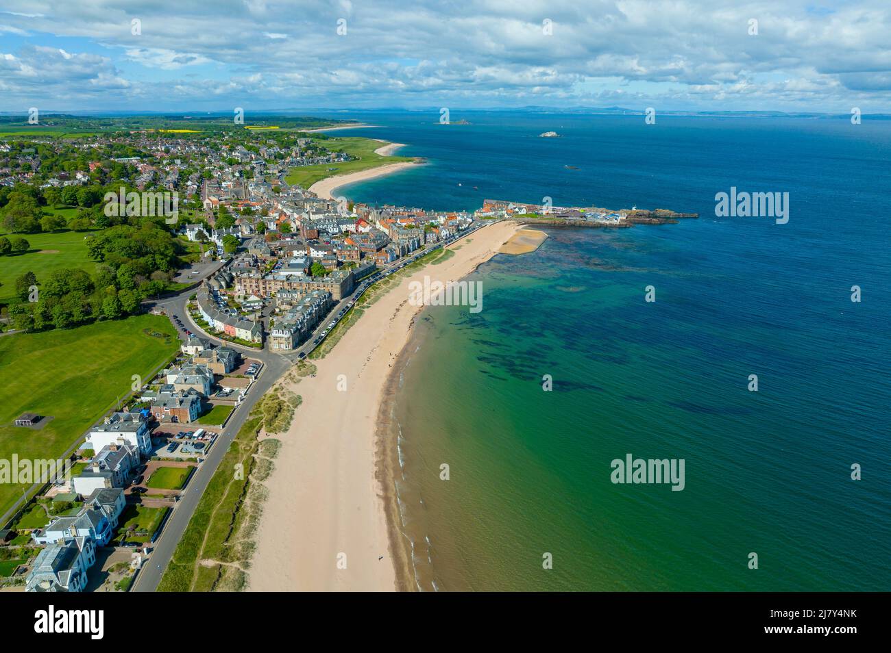 Aerial view of beaches on Milsey Bay and West Bay at North Berwick in ...