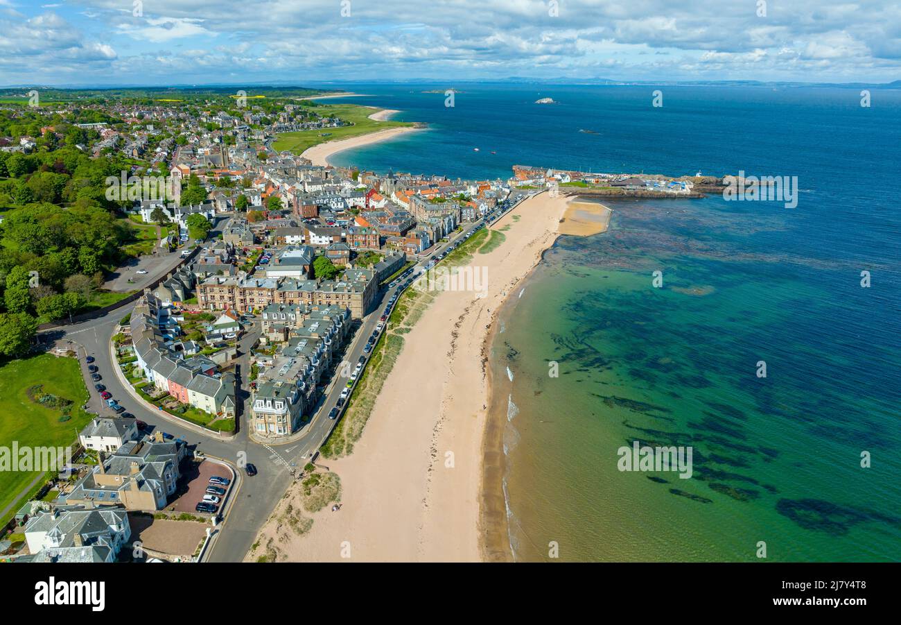 Aerial view of beaches on Milsey Bay and West Bay at North Berwick in ...