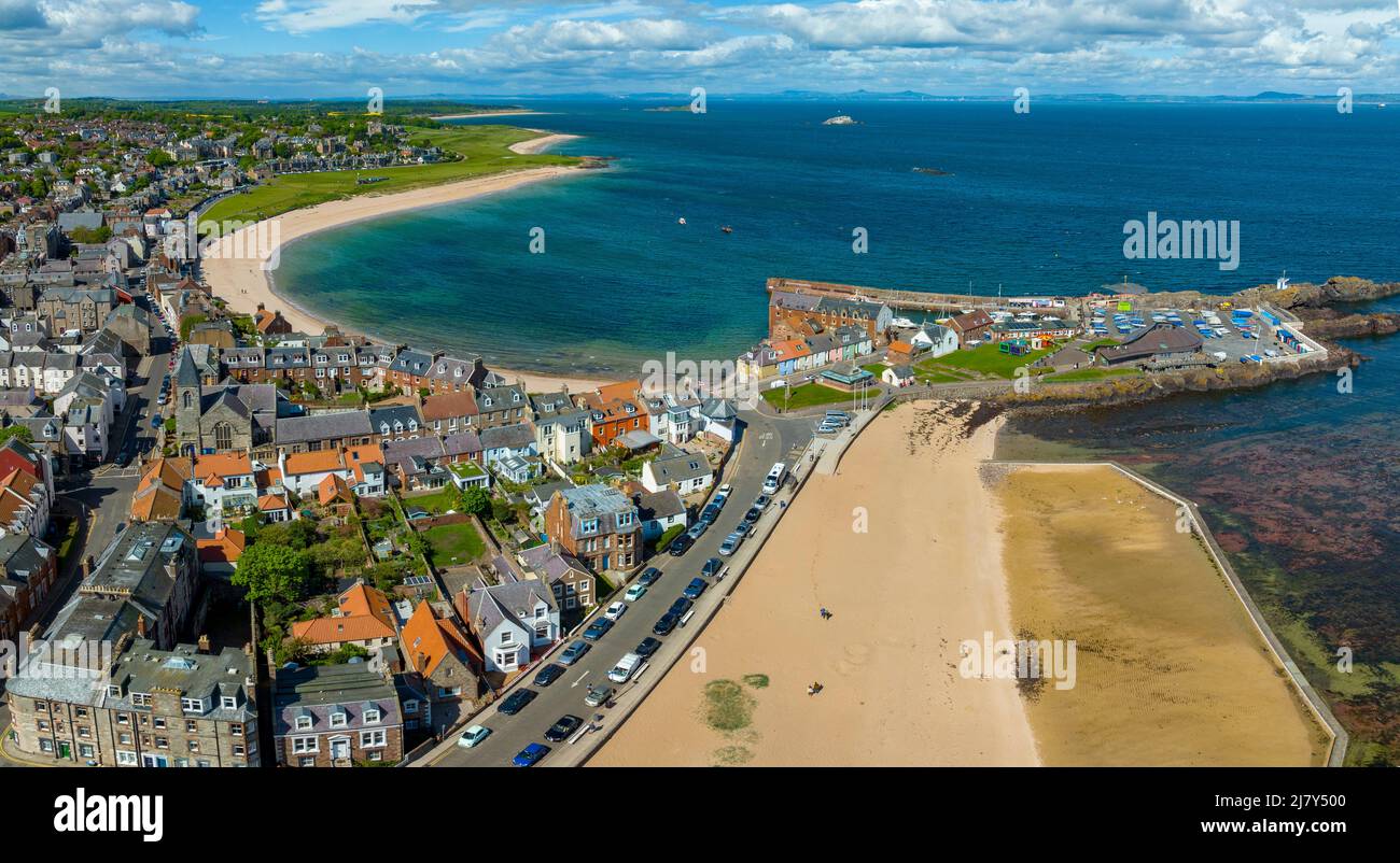 Aerial view of beaches on Milsey Bay and West Bay at North Berwick in ...