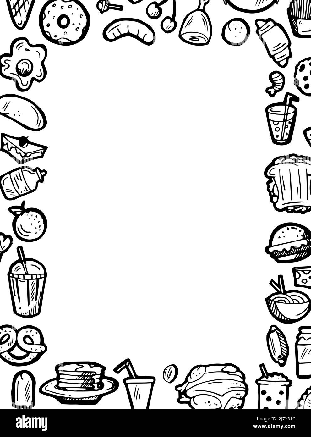 Set of food. Border frame. Baking buns and meat dishes. Hand drawing ...