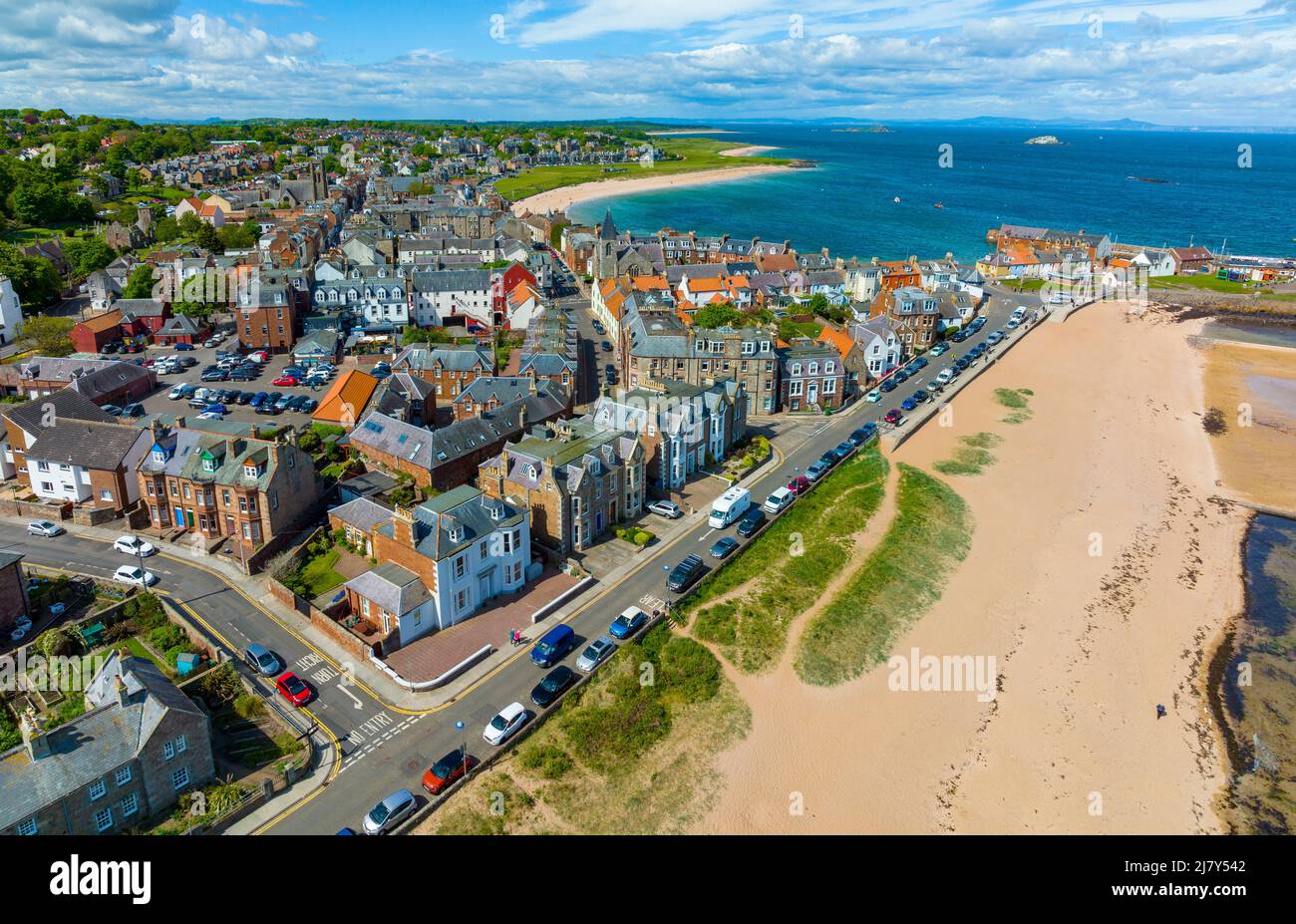 Aerial view of beaches on Milsey Bay and West Bay at North Berwick in ...