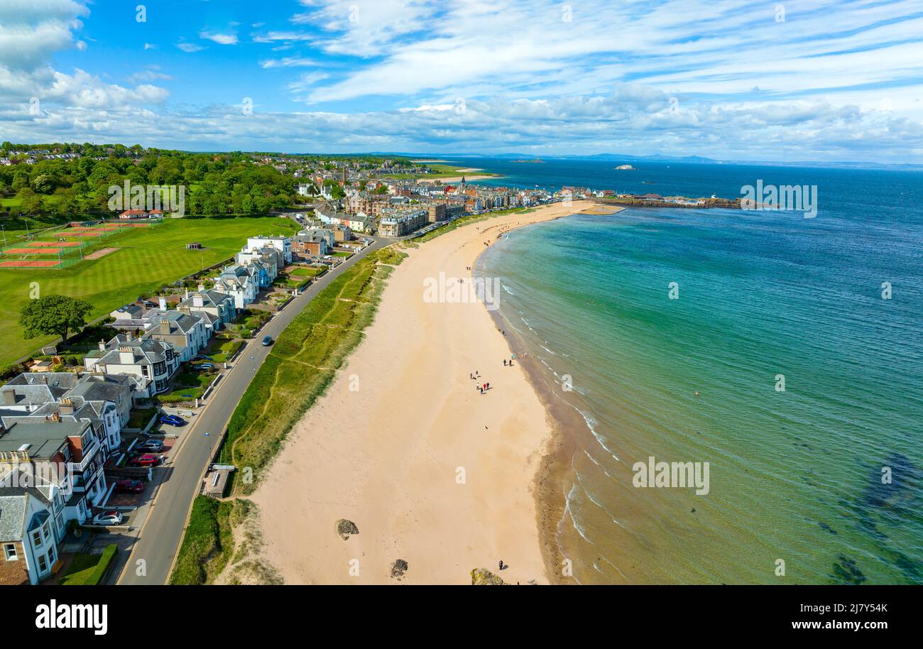 Aerial view of beach on Milsey Bay at North Berwick in East Lothian ...