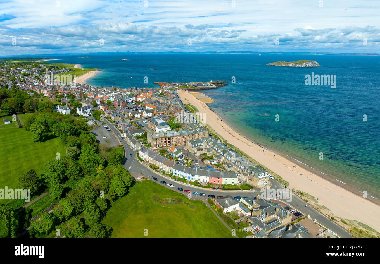 Aerial view of beach on Milsey Bay at North Berwick in East Lothian ...