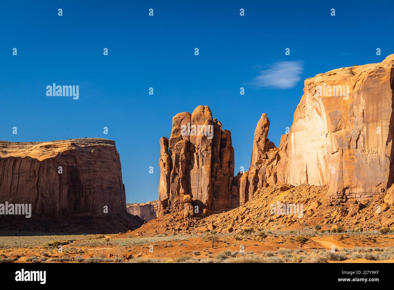 Classic southwest desert landscape under a blue sky and bright sun in ...
