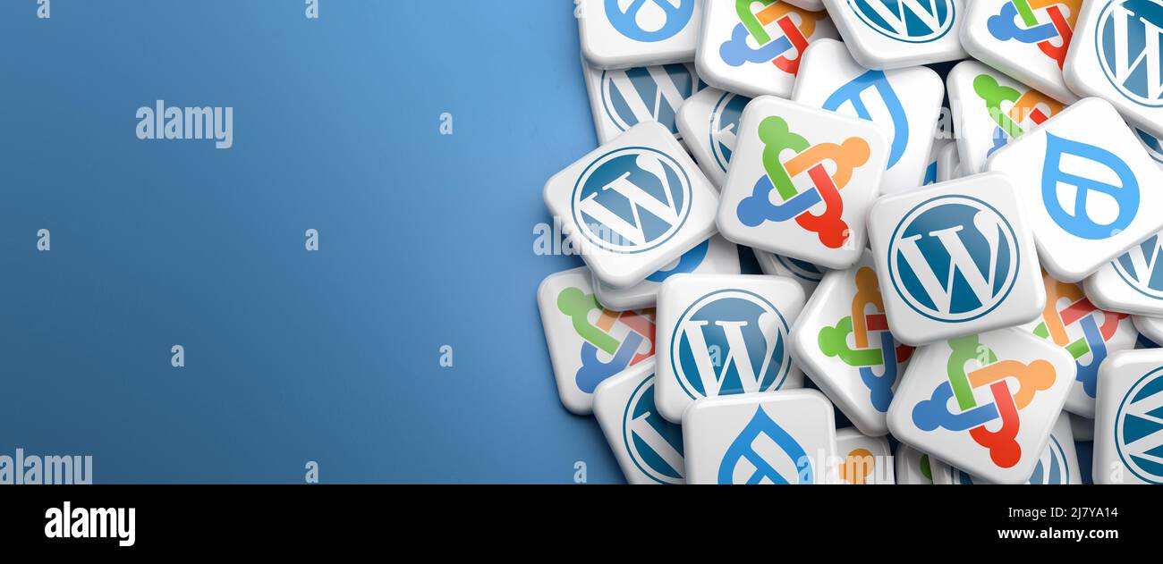 Logos of the most used non cloud based Web Content Management Systems Wordpress, Joomla and ...
