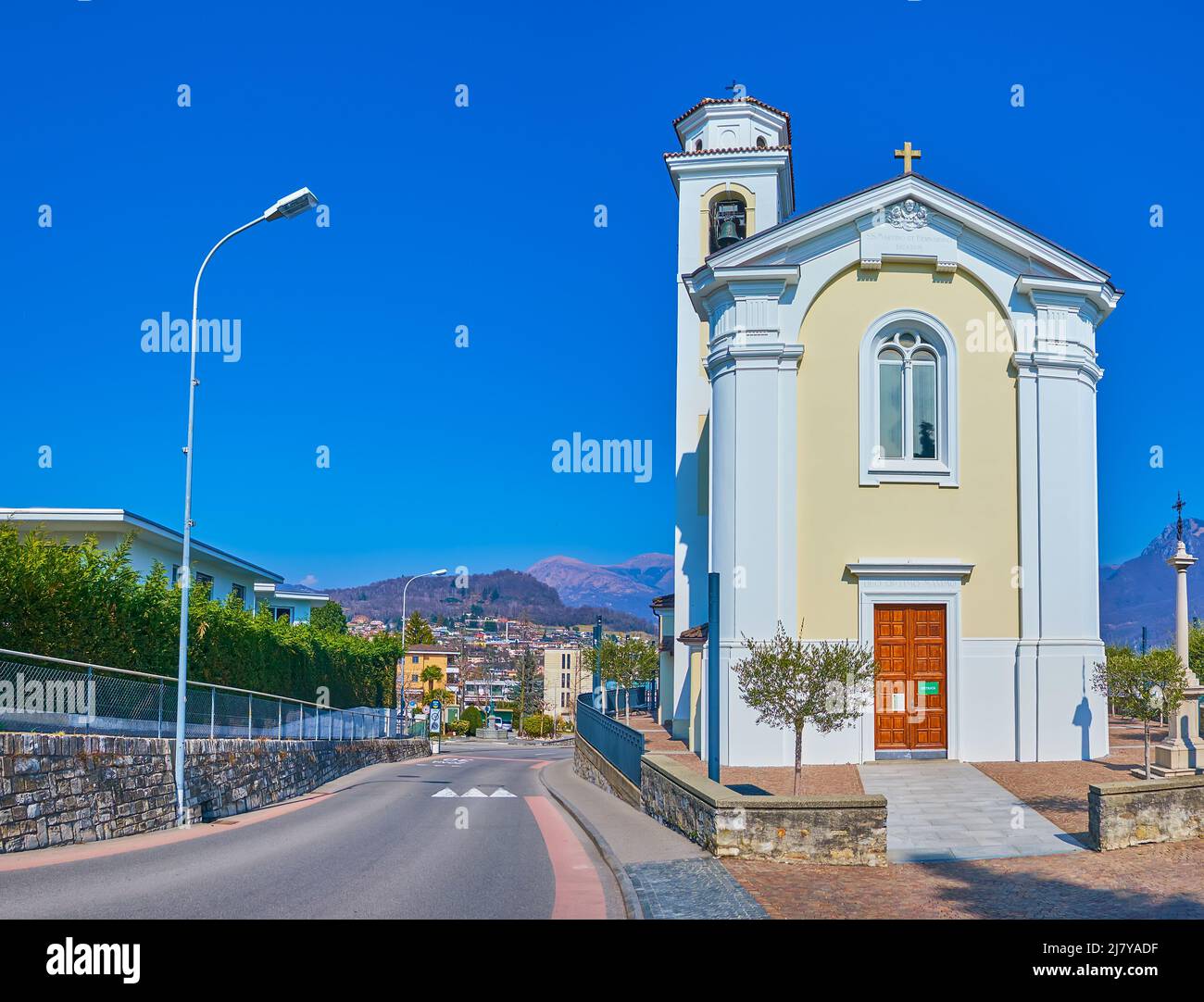 The small church Chiesa di Porza in the outskirts of Lugano, in a small ...