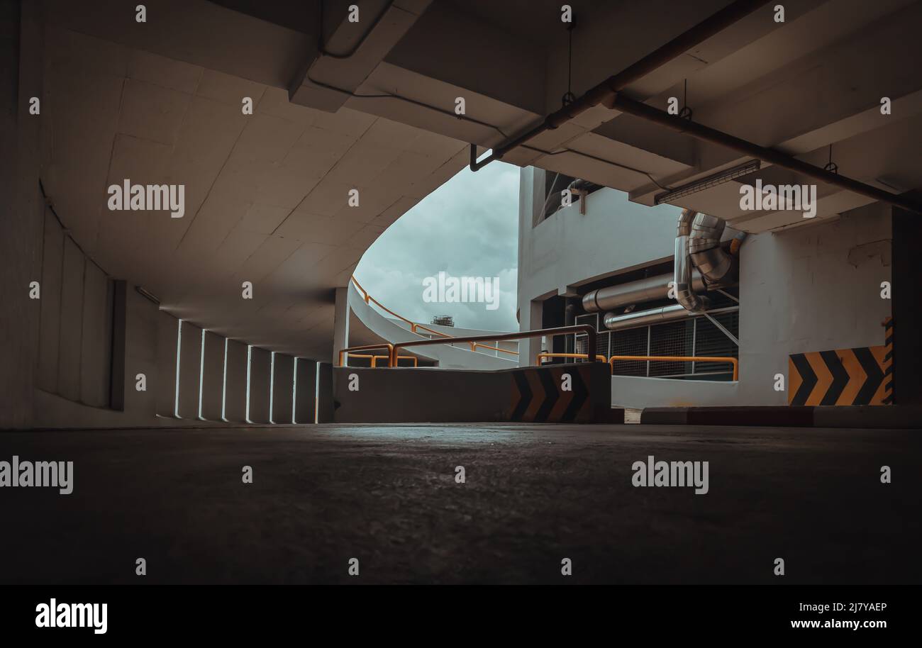 Perspective view of Curving shaped ramp on the high building for spiral ...