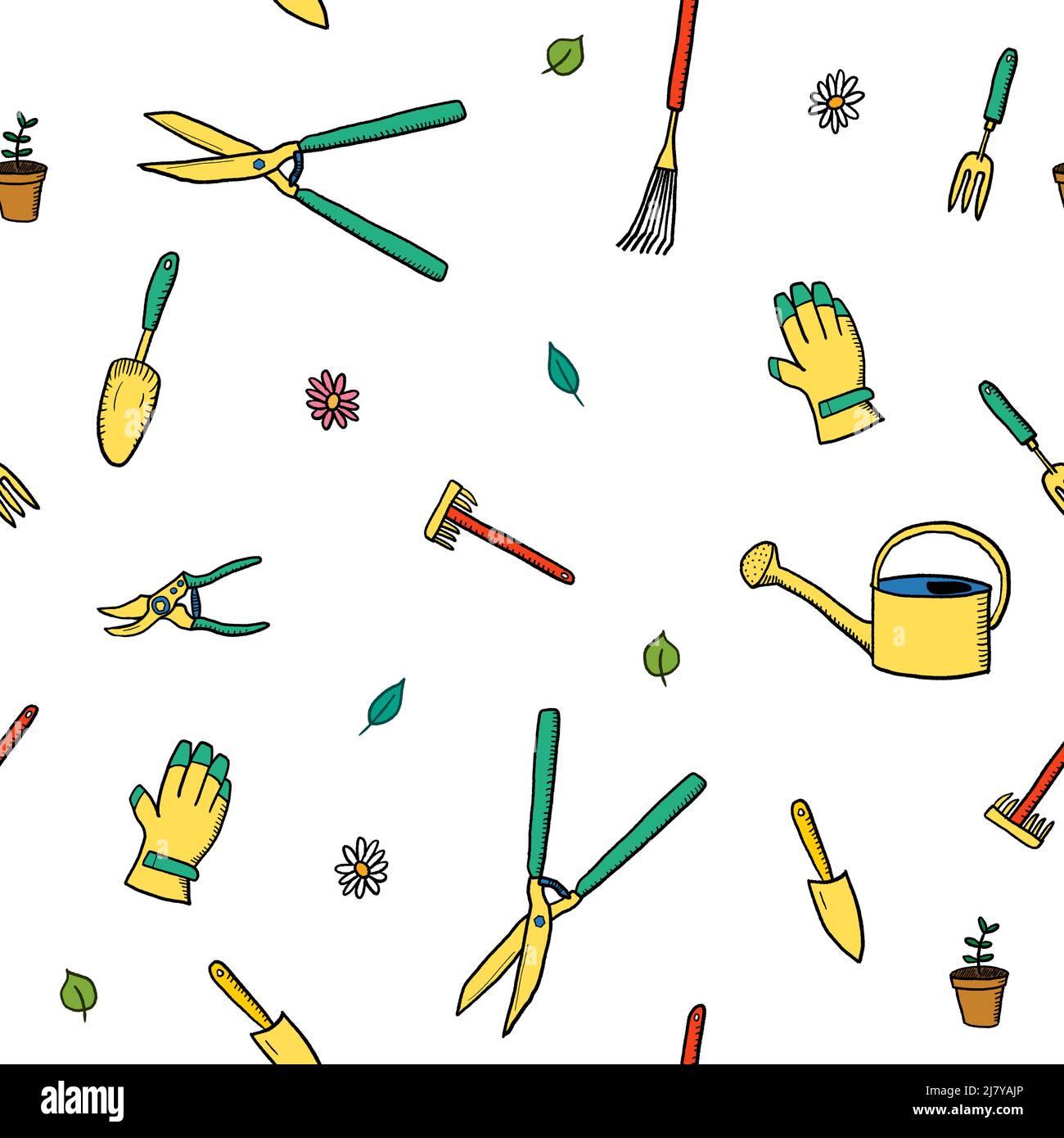 Gardening tools cartoon doodle seamless pattern. Garden hobby vector ...