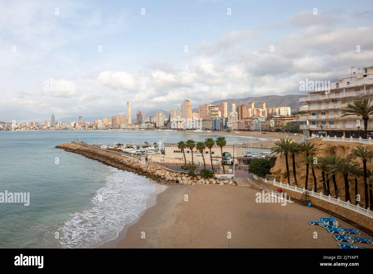 Travel landscape of Benidorm skyline across the harbour, Costa Dorada ...