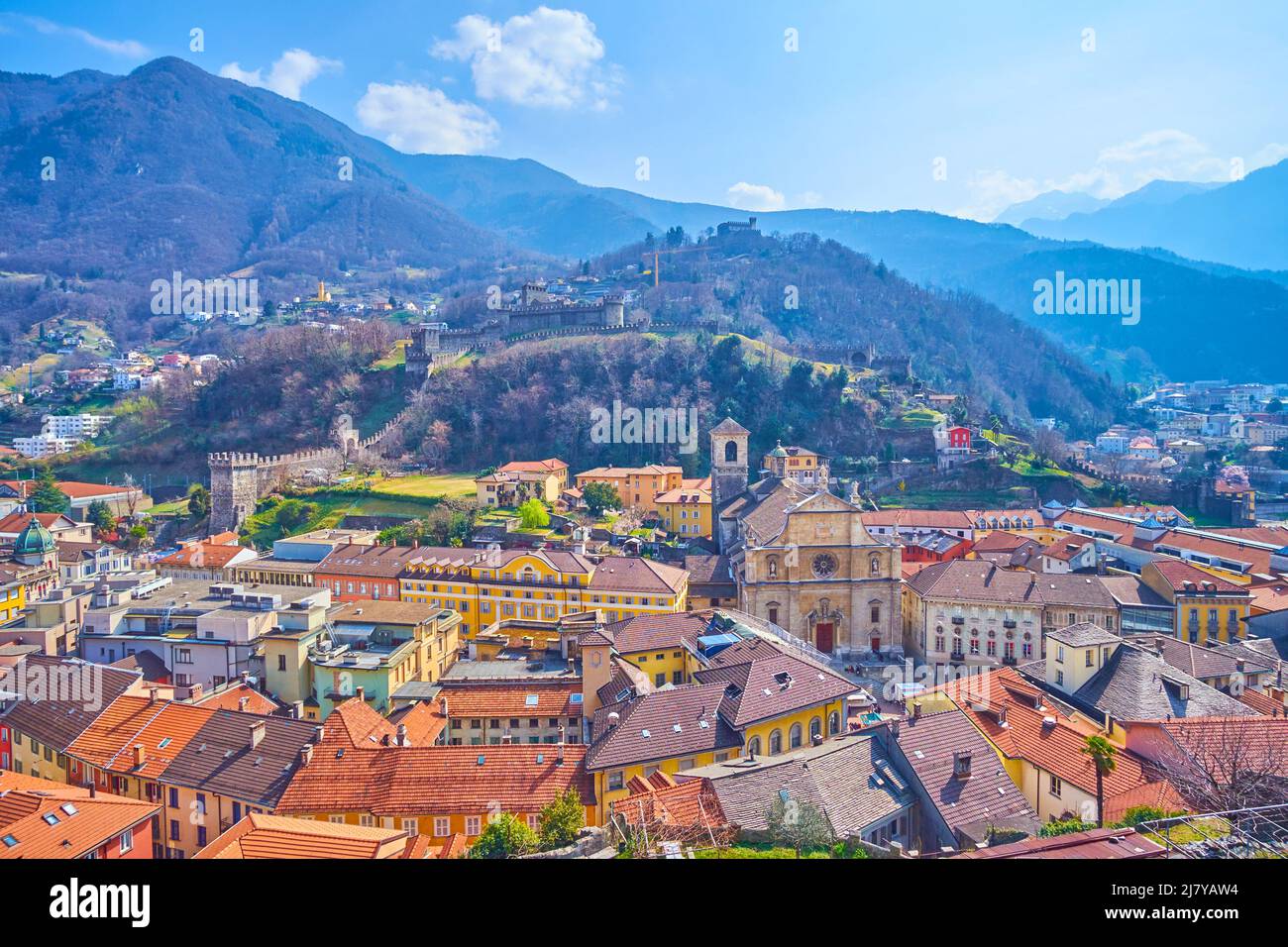 Panorama of the old town of Bellinzona city with medieval castles of ...